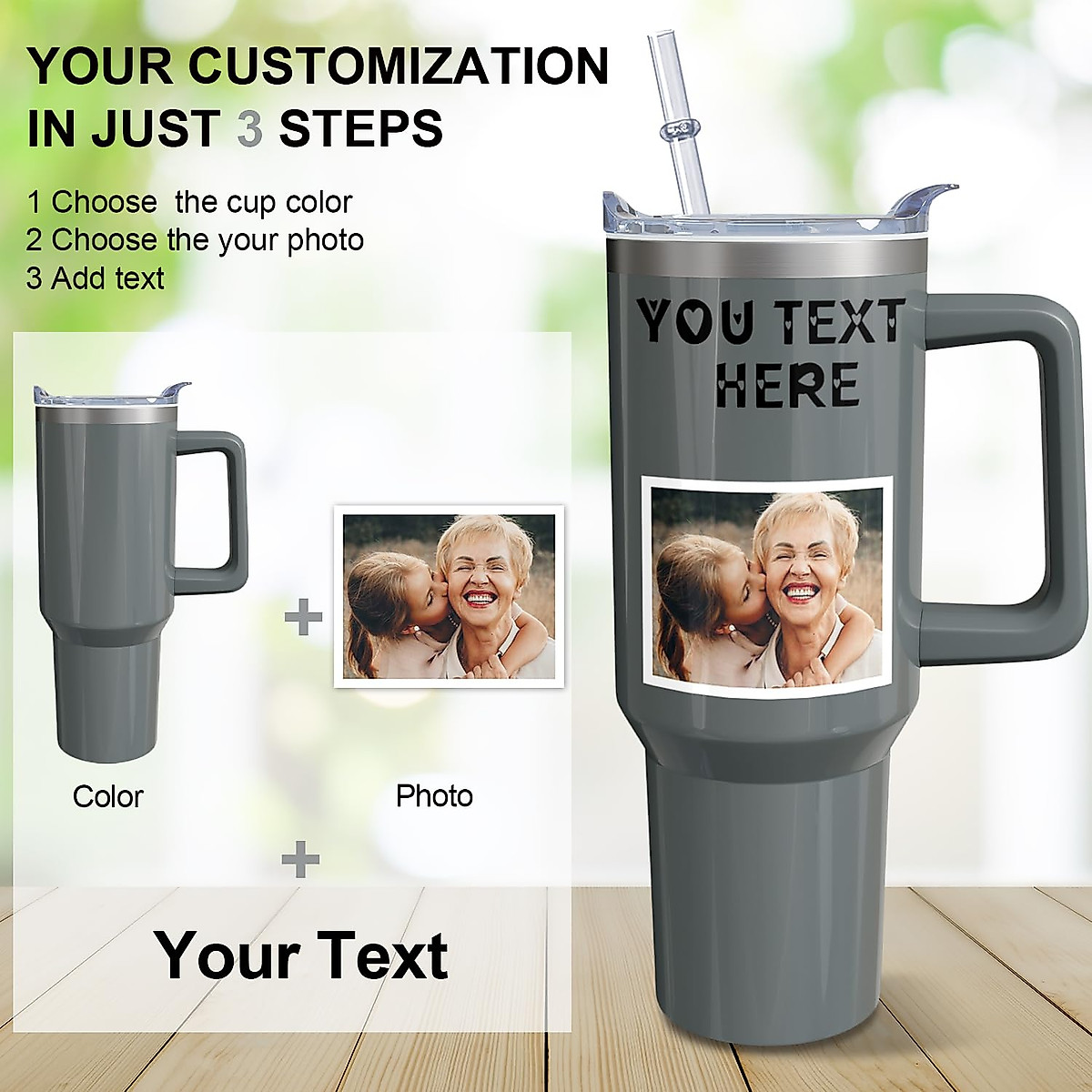 Personalized Gifts 40 Oz Tumbler with Handle and Straw, Custom Tumbler with Add Name, Photo, or Logo, Stainless Steel Double Walled Vacuum Insulated Cup, Customized Photo Gifts for Women Men