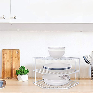 JBESUHI 3-Tier Corner Shelf Counter and Cabinet Organizer -Countertop Organizer - Cabinet Corner Rack for Plate - Cabinet & Pantry Kitchen Organization (White)