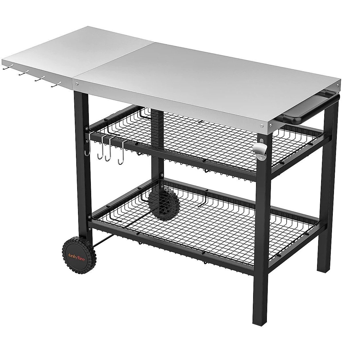 onlyfire Pizza Oven Table Cart for Ooni, Ninja Woodfire, Blackstone Griddle, Cuisinart Pizza Oven, Outdoor Stainless Steel Food Prep Table Movable Food Prep Cart Grill Stand with Storage Basket