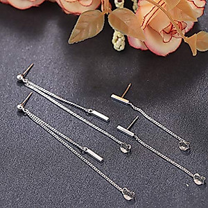 Milacolato 925 Sterling Silver Chain Earrings 14K Gold Plated Chain Dangle Bar Earrings Hypoallergenic Stud Earrings with Long Drop Threader Chain for Women