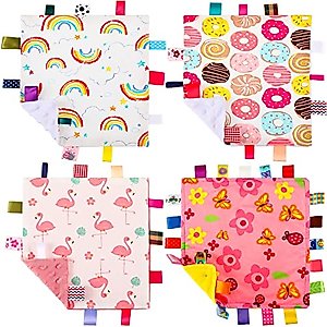 4 Pieces Baby Tags Security Blankets Security Blankets for Babies Baby Comfort Blanket with Colorful Tags Baby Soothing Towel Animal Bed Blanket, 9.5 x 9.5 Inch (Cute Patterns)