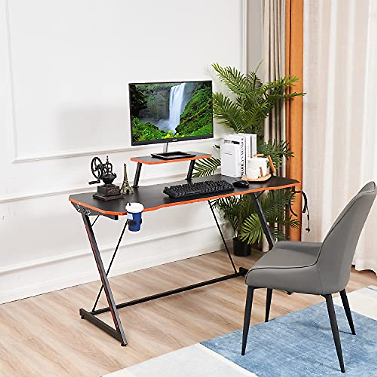 Excited Work Gaming Desk 55 inch PC Computer Desk, Home Office Desk Gaming Table Z Shaped Gamer Workstation with Cup Holder and Headphone Hook LLGD02C