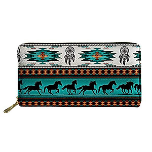 Poceacles Southwestern Aztec Horse Print Women's Wallets Large Capacity,Durable Zipper Clutch Wallet,PU Leather Card Holder Coin Purse
