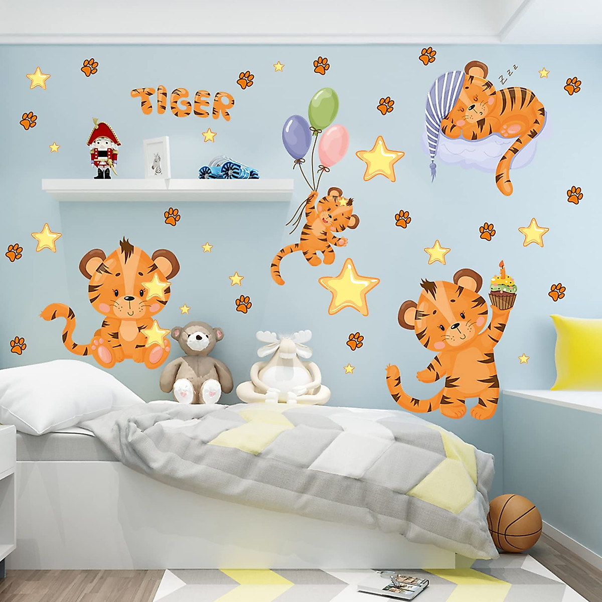 Balloon Flying Animals Wall Decals, Cute Tiger Elephant Star Wall Stickers,Animal Stickers for Kids,Cartoon Wall Decors for Nursery Kids Room Living Room Bedroom Decorations Home Decor