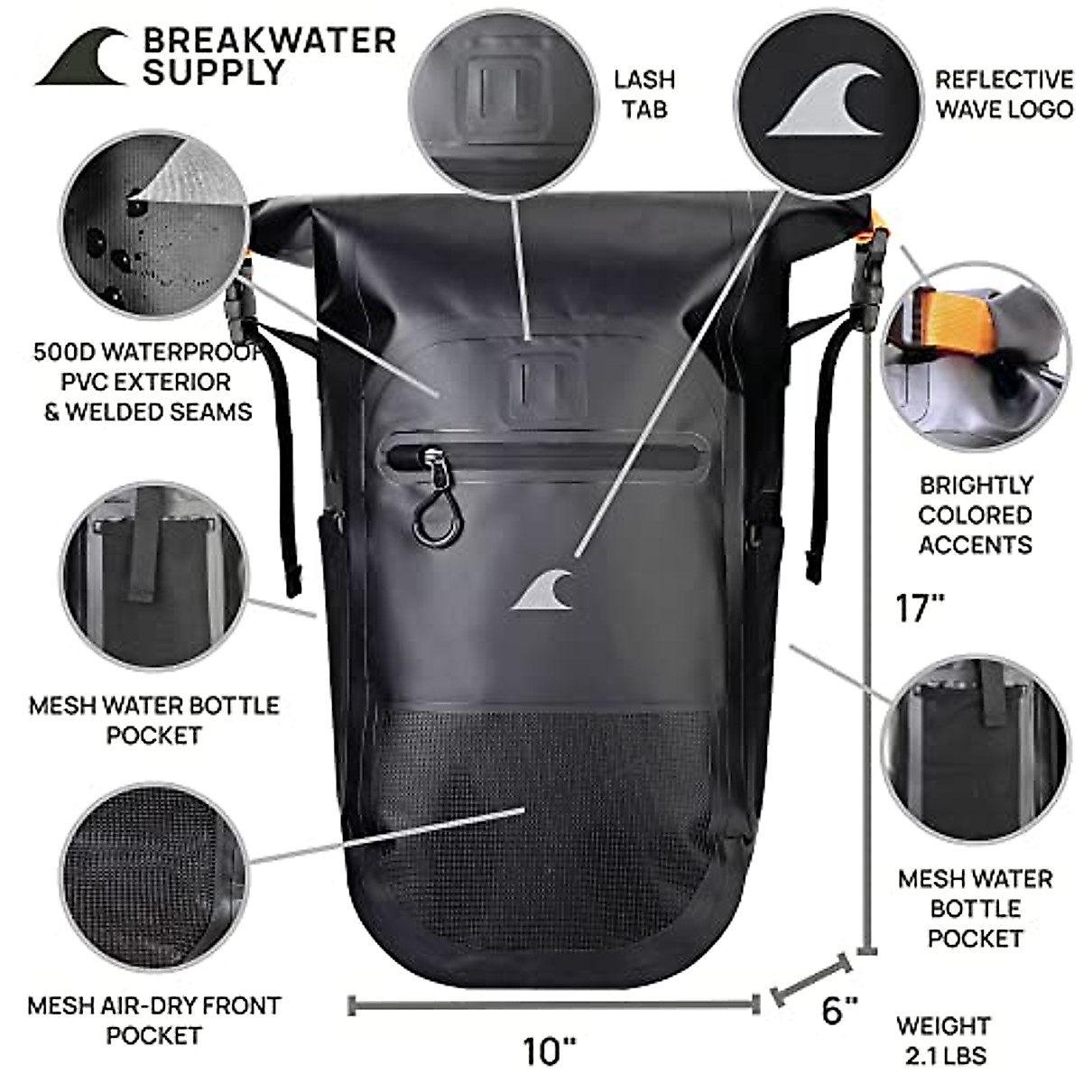 Breakwater Supply™ Meanhigh Dry Bag Waterproof Backpack for Men & Women, 25L, Medium/Large, Rolltop, for Surfing, Kayaking, Diving, Hiking, Motorcycle + Floating, Lightweight, Water Bottle Pockets