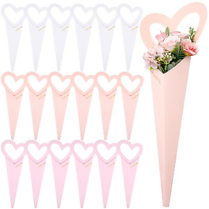 Teling 18 Pcs Single Flower Sleeve Love Heart Floral Bouquet Bags Paper Flower Wrapping Box Waterproof Packaging Bag with Ribbons for Flower Florist Gift, Pink, Rose Gold, White, 7.1 x 18 Inch