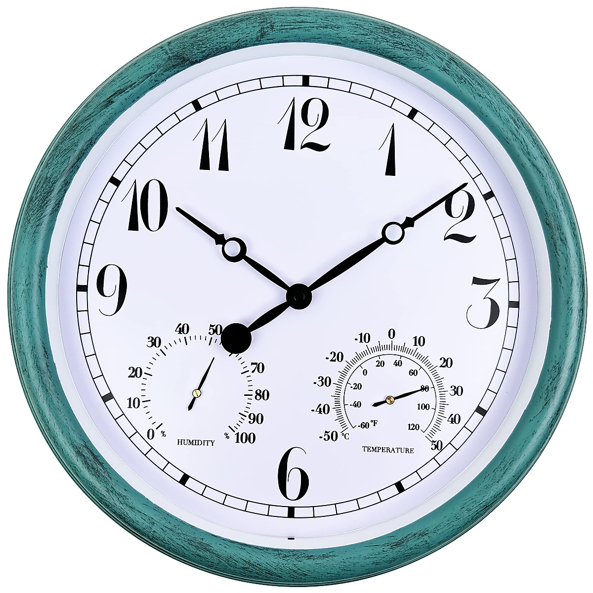 15 Inch Indoor/Outdoor Waterproof Wall Clock, Outdoor Clock with Thermometer and Hygrometer Combo, Retro Round Silent Battery Operated Quartz Wall Clock for Patio Home Bathroom Porch Pool (Green)