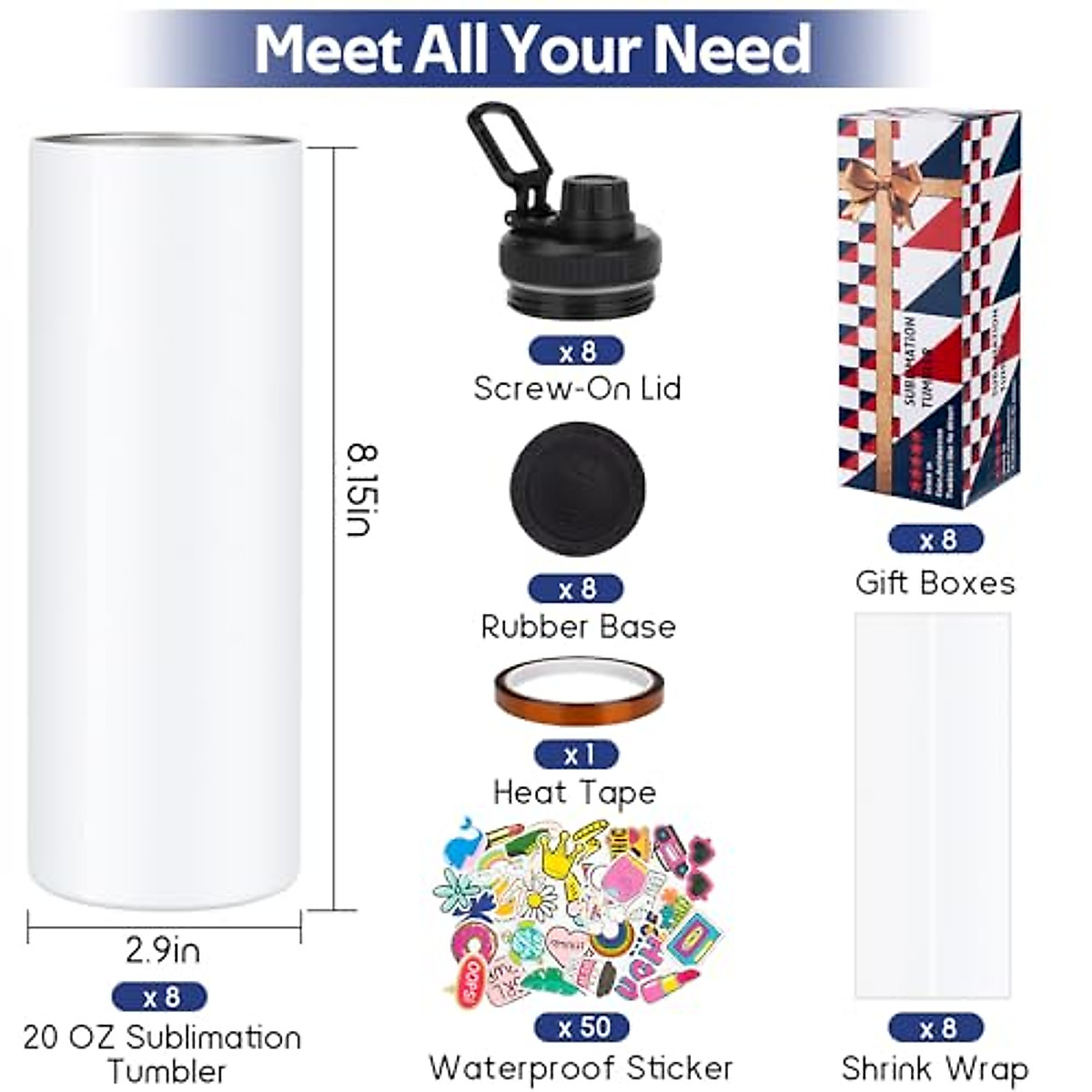 GELBEKUH 8 Pack 20 oz Sublimation Tumbler Set Four Layer Stainless Steel Straight Skinny Travel Blank Tumbler Bulk Sublimation Cups with Lid, DIY Stickers Shrink Wrap for Heat Transfer Heat Press