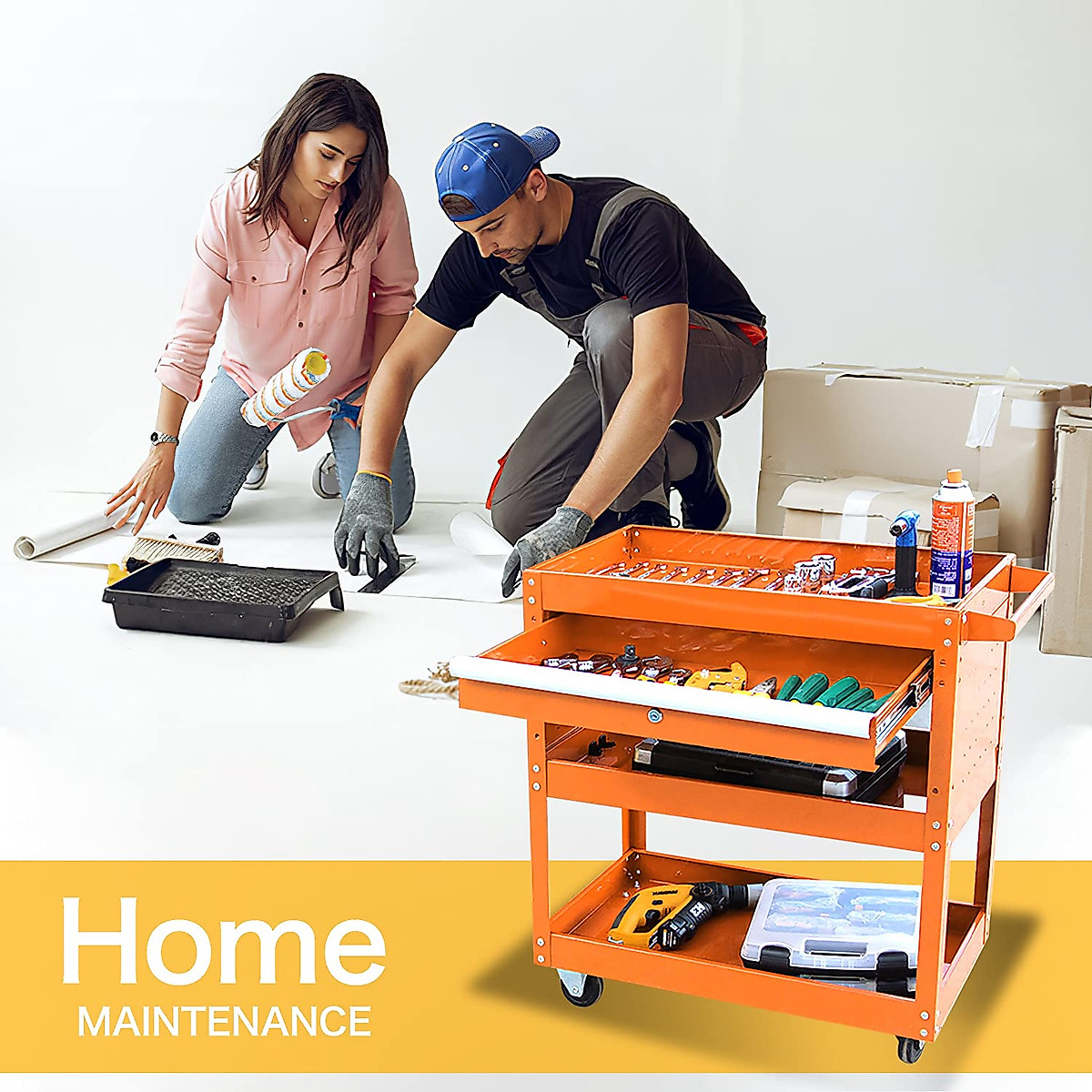 Oversized Tool Cart, Rolling Tool Cart, Mechanical Tool Storage Cart, 4-Wheel Tool Cart with Ball-Bearing Slides and Drawer Lock, Storage Cart and Tool Box for Warehouse and Garage Storage (Orange)