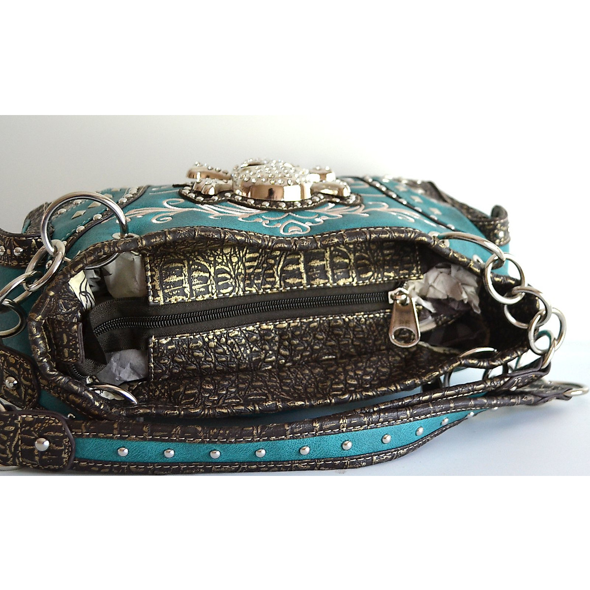 western rhinestone skull concho stitched handbag purse set (blue)