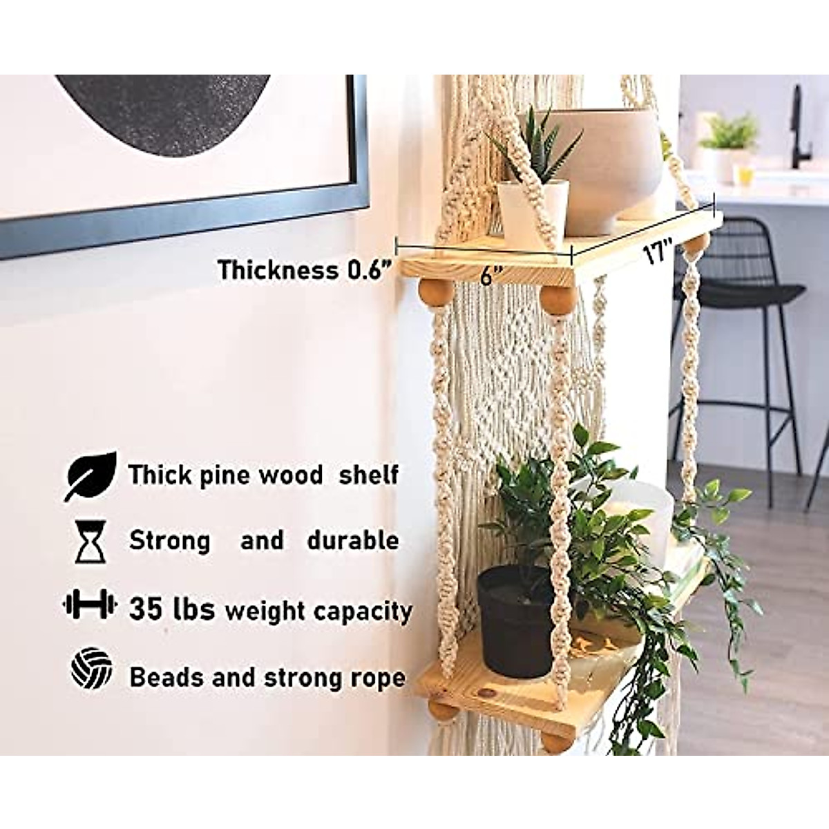Induslyfe Tier 3 Tier 2 Macrame Wall Hanging Shelf Rack for Hanging Wall Decor Boho Shelf Wall Decor Plant Shelf, Boho White Hanging Shelf Woven Rope for Bedroom, Book
