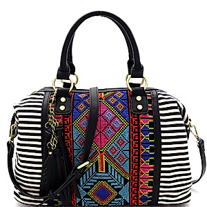 Boho Tassel Leaf Charm Aztec & Stripe Embroidered Canvas Satchel Tote Handbag Purse (Embroidered Satchel - Black/Black)