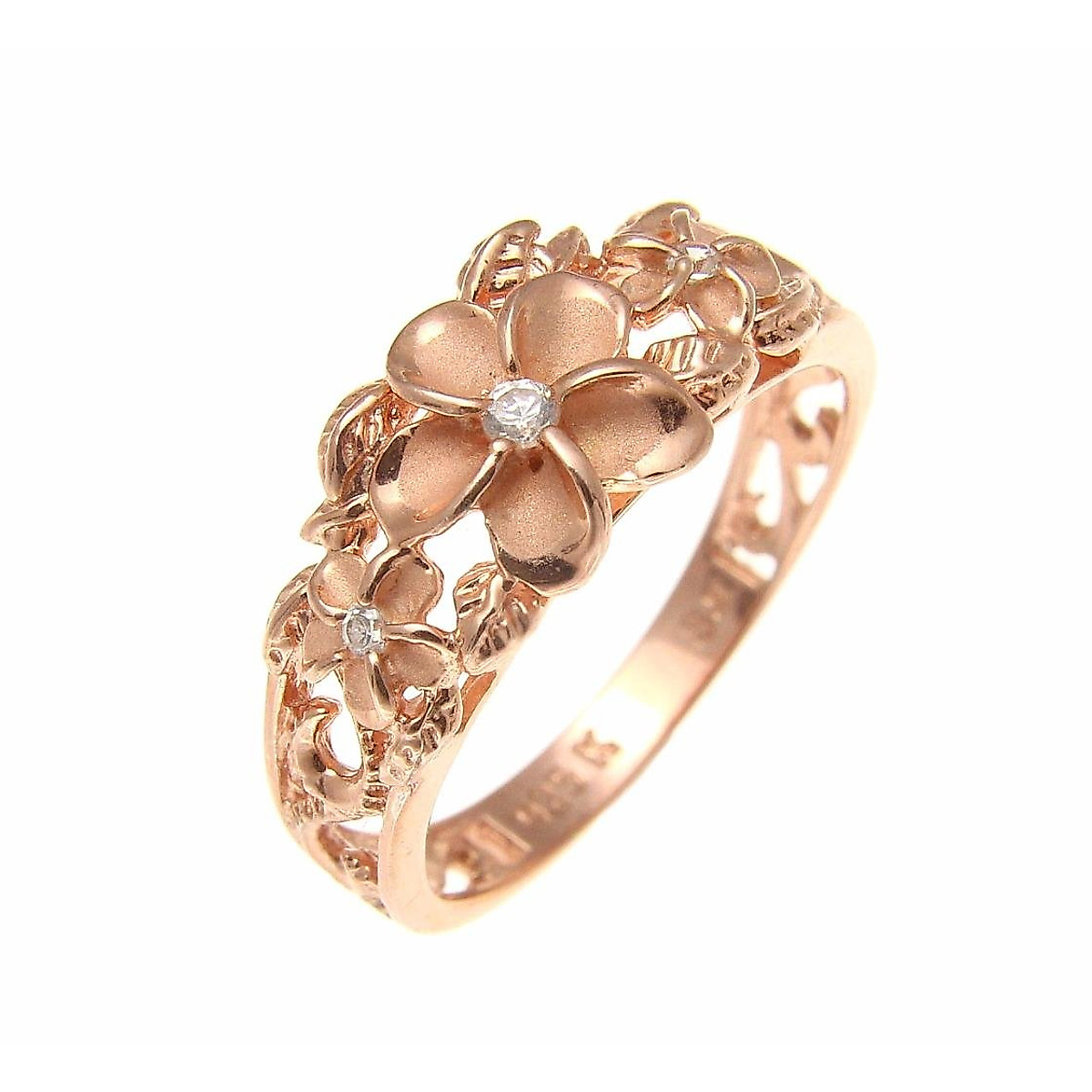 Arthur's Jewelry Rose pink gold plated silver 925 Hawaiian 3 plumeria flower cz ring maile cut out scroll size 4.5