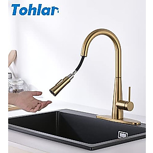 Tohlar Gold Kitchen Faucet, Kitchen Faucets with Pull Down Sprayer, Stainless Steel Single Handle Kitchen Faucet Fit for 1 or 3 Holes Kitchen Sink Faucet Gold Faucet for Kitchen Brushed Gold