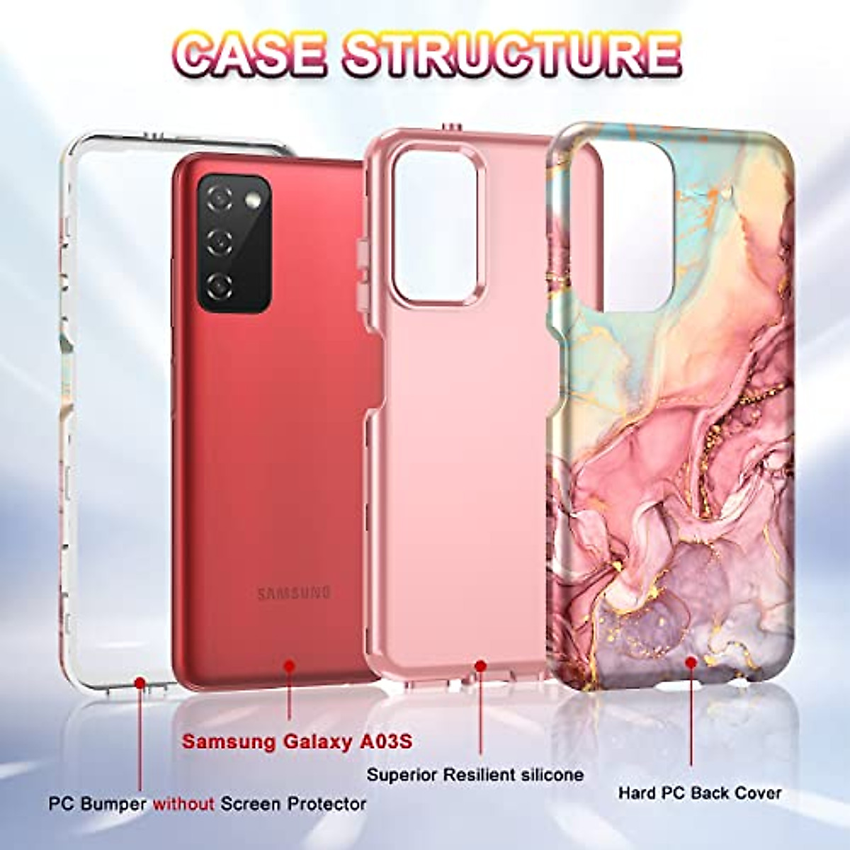Btscase for Samsung Galaxy A03S Case, Marble Pattern 3 in 1 Heavy Duty Shockproof Full Body Rugged Hard PC+Soft Silicone Drop Protective Women Girl Cover for Samsung Galaxy A03S, Rose Gold