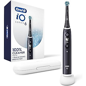 Oral-B iO Series 6 Rechargeable Electric Toothbrush with Visible Pressure Sensor to Protect Gums, 2 Minute Timer, 5 Cleaning Settings, 1 Replacement Toothbrush Head, and Travel Case, Black