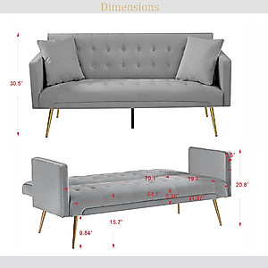 Anwick Modern Velvet Futon Sofa Bed: 72" Satin Convertible 2 Pillows Tufted Back Golden Metal Legs Folding Sleeper Loveseat for Small Space Home Office Living Room (Grey)