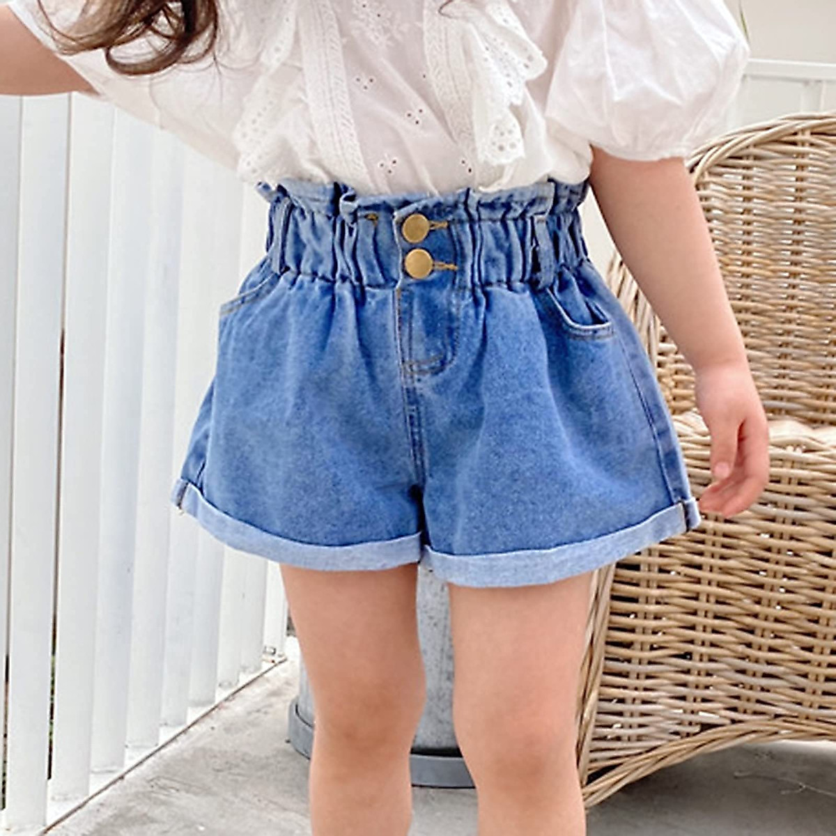 Moru Toddler Baby Girls Casual Denim Shorts Summer High Waisted Jeans Short (Blue, 12-24 Months)