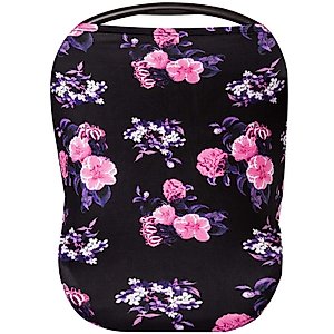4 in 1 Car Seat Covers for Babies Girl, Nursing Cover Carseat Canopy, Soft and Stretchy Breastfeeding Scarf, Best Gift Set for Infant, Newborn - Floral Black Pink and Purple