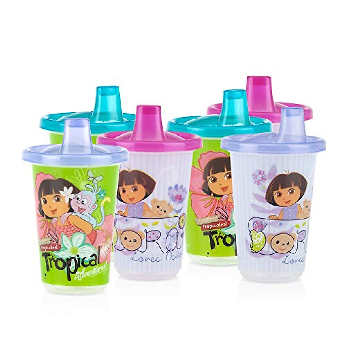 Nuby Wash or Toss Reusable Cups & Lids with Spout, Nickelodeon Dora The Explorer, 10 Oz, 6 Count