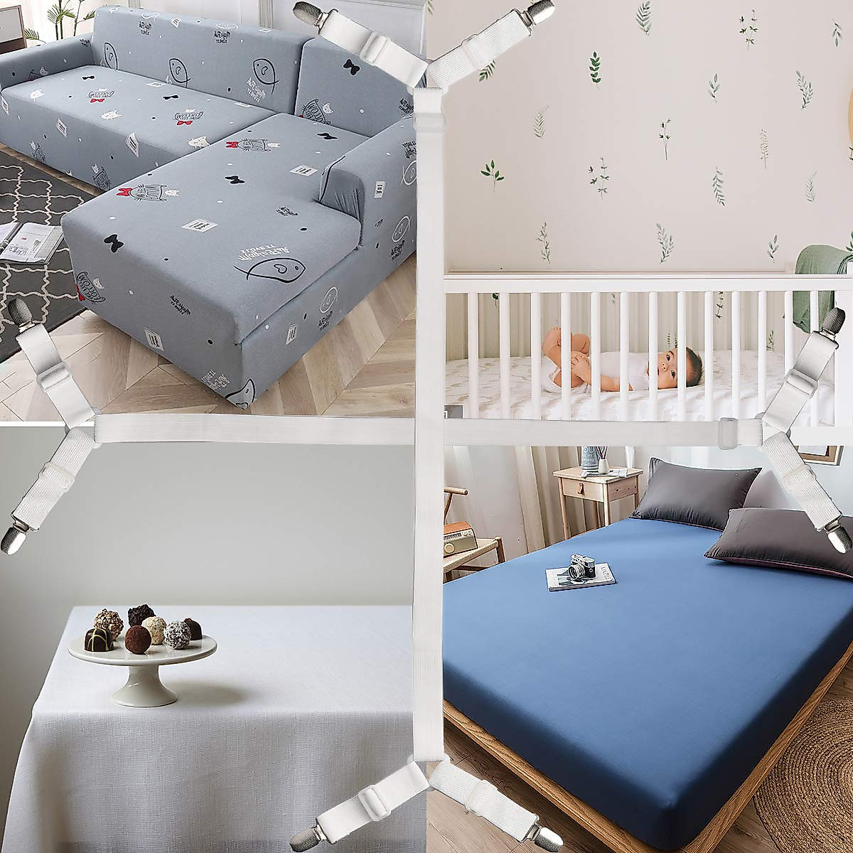 ACEDÉCOR Sheet Straps, Fitted Sheet Clips Under Mattress Keeping Sheets in Place, Bed Sheet Holder Straps for Twin, Full, Queen, King(White)