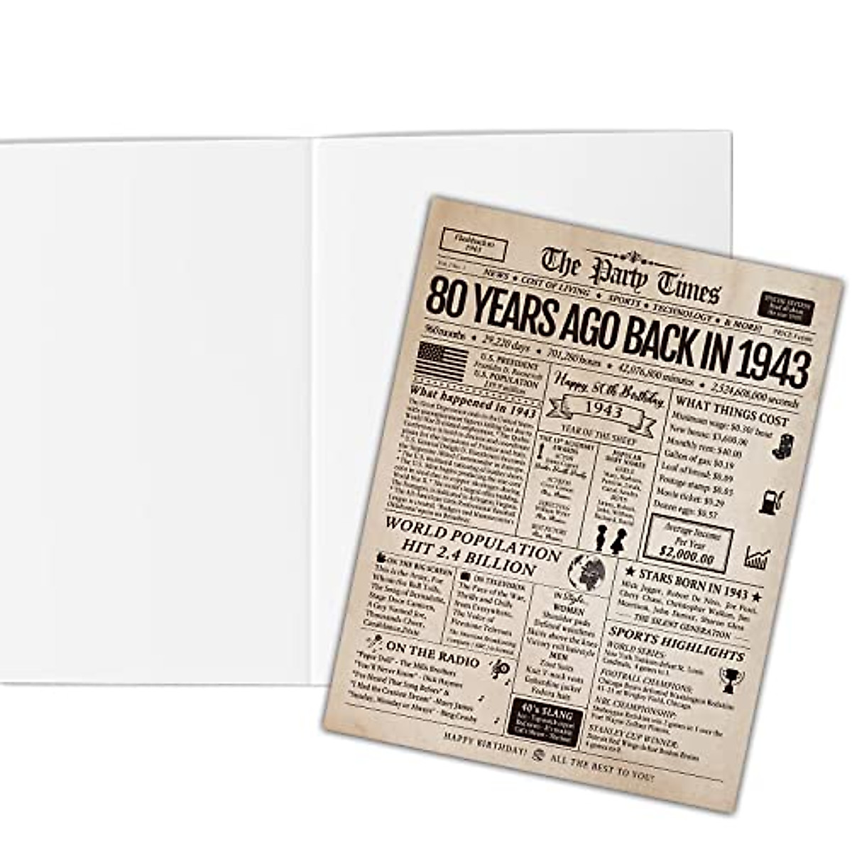 Happy 80 Years Old Birthday Card for Mom Dad, Jumbo Back in 1943 Birthday Card for Grandma Grandpa, 80th Birthday Gift for Old Men Women