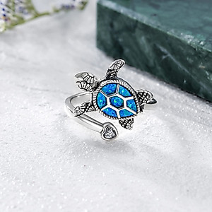 MBSUUH Simulated Opal Sea Turtle Urn Rings for Ashes Blue Turtle Urn Open Rings for Women Teen Girls Jewelry Gifts for Turtle Lovers