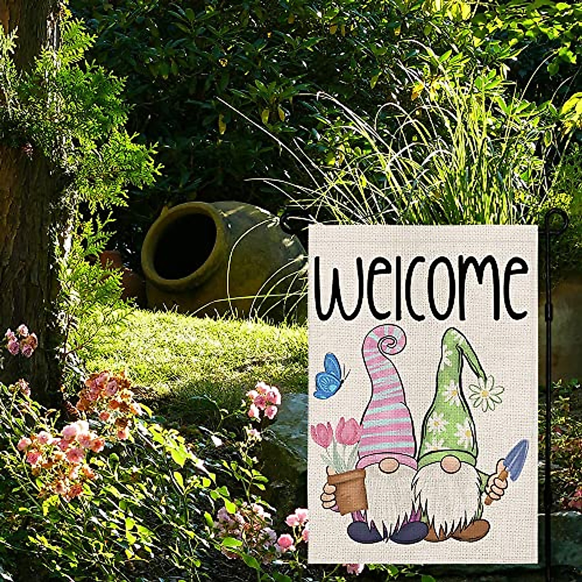 CROWNED BEAUTY Spring Garden Flag Gnomes Welcome 12×18 Inch Double Sided Vertical Outside Holiday Decor for Yard