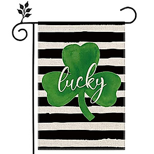 AnyDesign St. Patrick's Day Garden Flag Double-Sided Lucky Shamrock Yard Flag Rustic White Black Stripe Farmhouse Shamrock Outdoor Decoration for Irish Holiday, 12.5 x 18 Inch
