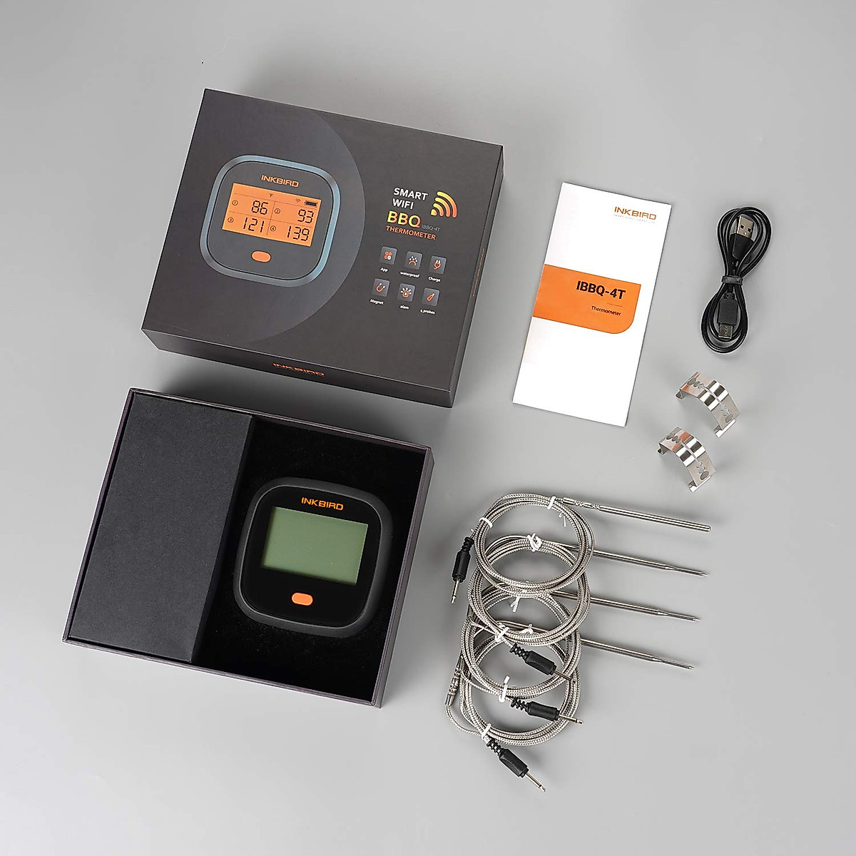 Inkbird WiFi Grill Meat Thermometer IBBQ-4T with 4 Colored Probes, Wireless Barbecue Meat Thermometer with Calibration, Timer, High and Low Temperature Alarm for Smoker, Oven, Kitchen, Drum