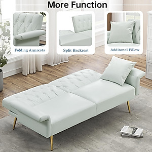 Jintop 67.71 Inch Waterproof Faux Leather Upholstered Sleeper Sofa-Bed and Adjustment Armres,Tuffed Button Couch Chaise w/Metal Legs & Pillows,for Dorm,Apartment,Studio,White, 67.71"