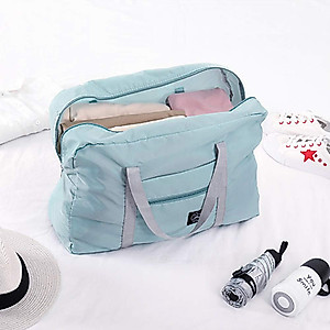 2PCS Foldable Travel Duffel Bag 2PCS Tote Carry on Luggage Bag Spirit Airlines Personal item Sports Gym Bag Water Resistant Weekender Overnight Bags for Women and Men (Green+Blue)