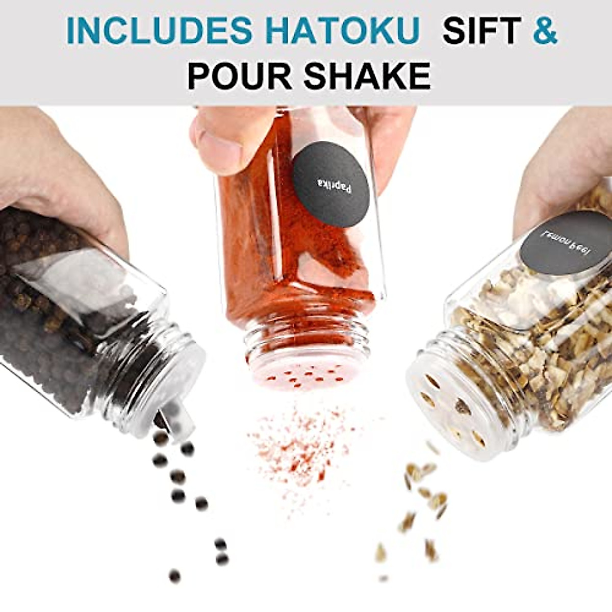 HATOKU Glass Spice Jars 48pcs Empty Square Spice Bottles, 4oz Seasoning Containers with 400 Labels, Spice Containers with Shaker Lids and Silicone Collapsible Funnel, Brush