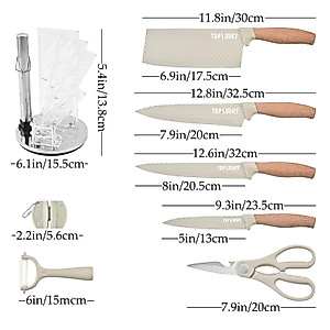 Kitchen Knife Set, 8-Pieces Khaki Sharp Chef Knife Set with Block, Knife Block Set with Diamond Grain Non-stick Knife Blade, Stainless Steel Cooking Knives Suitable for Home Restaurant Apartment