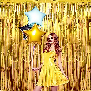 8Pcs Gold Backdrop Curtains, Gold Tinsel Foil Fringe Backdrop with Hanging Swirls, 3.3ft x 6.6ft Foil Fringe Curtains Backdrop Tinsel Curtain Streamer for Girl Women Party Birthday Decorations