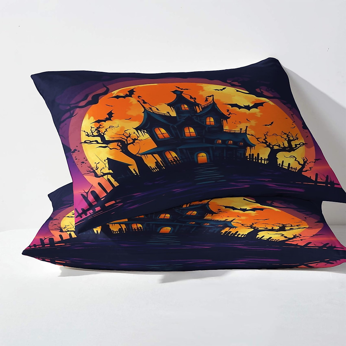 Halloween Sheets Twin Size, Castle Bat Moon Bed Sheets, Patterned Bedding Sheets & Pillowcases 3 Piece Set - Soft Microfiber Deep Pocket Fitted Sheet & Flat Sheet & Pillow Case M5-&-23