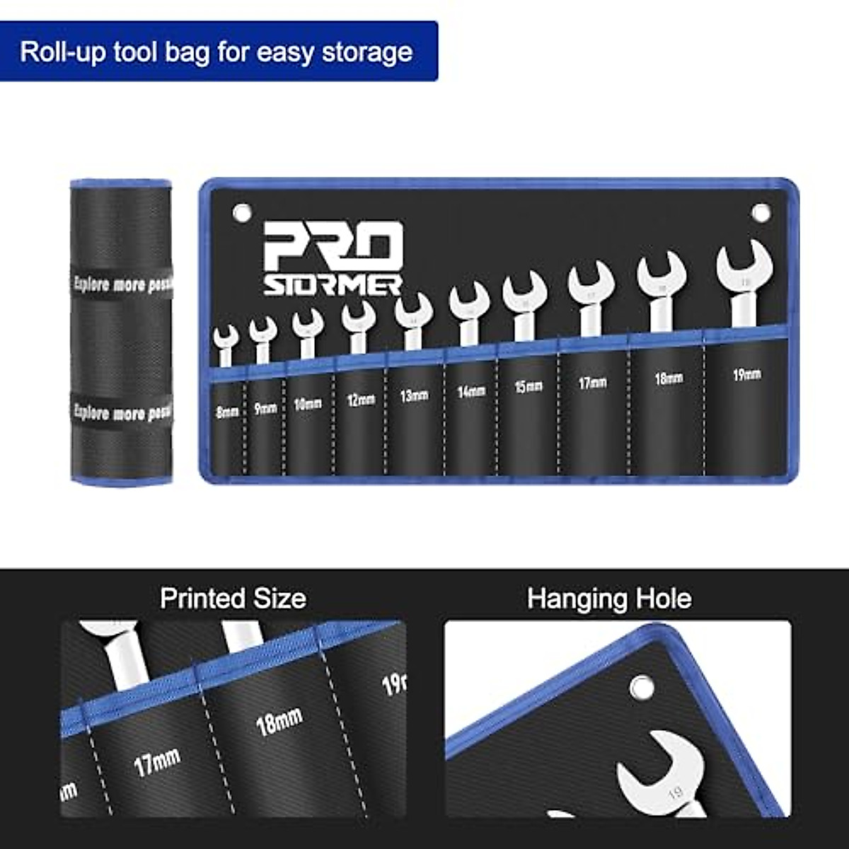 Prostormer Stubby Ratcheting Combination Wrench Set, 10-Piece 8-19mm Metric Chrome Vanadium Steel Ratchet Wrenches with Rolling Pouch, 72-Teeth, 12-Point Box End