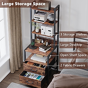 TRIFEBLE Tall Nightstand with Charging Station and Fabric Drawers, 49.6" Tall Bedside Table with 5-Tier Storage Shelves, Night Stand with Bookshelf, End Side Table for Bedroom, Rustic Brown