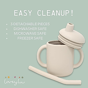 LoveyLu Silicone Sippy Cup, Toddler Cup With Straw, Training Soft Spout Cups for Toddlers With Handles, No Spill Lids, Durable, Drop Proof, Easy Grip, Microwave, Dishwasher, and Freezer Safe, Sand