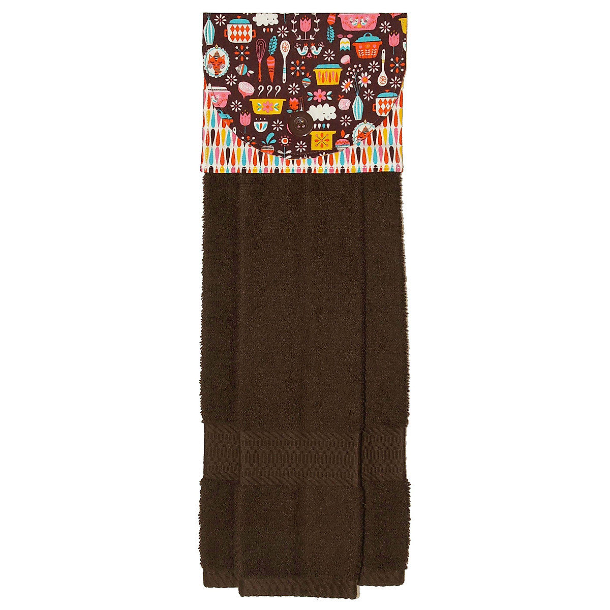 Hanging Hand Towel - Kitchen Tools & Vintage Pyrex Fabric - Brown Blue Pink - Brown Plush Kitchen or Bath Towel - Handmade by Green Acorn Kitchen