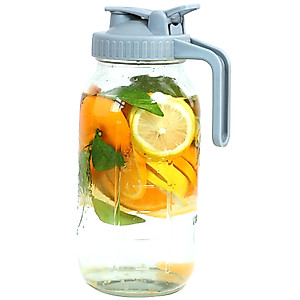 Mason Jar Pitcher With Pour Spout Lids & Handle 2 quart Large Glass Mason Pitcher Wide Mouth 64 Oz For Breastmilk Fridge Iced Tea Sun Tea, Juice, Coffee Lemonade Half Gallon Airtight And Leak Proof