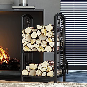 Fire Beauty Fireplace Firewood Log Rack 5-Piece Storage Logs Holder with Tools Set with 4 Tools Set Fireside Holders Wood Lumber Storage Stacking Black