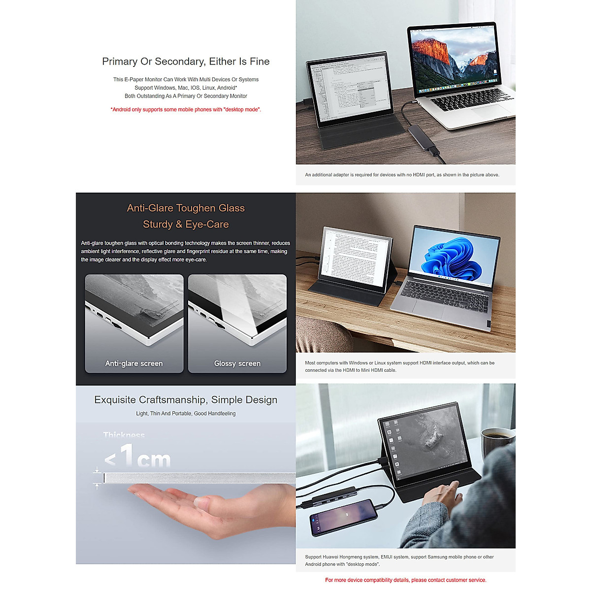 waveshare 10.3inch HDMI E-Paper Monitor Compatible with MAC/Windows PC 1872×1404 Resolution Anti-Glare No Blue Light with Mini HDMI Interface