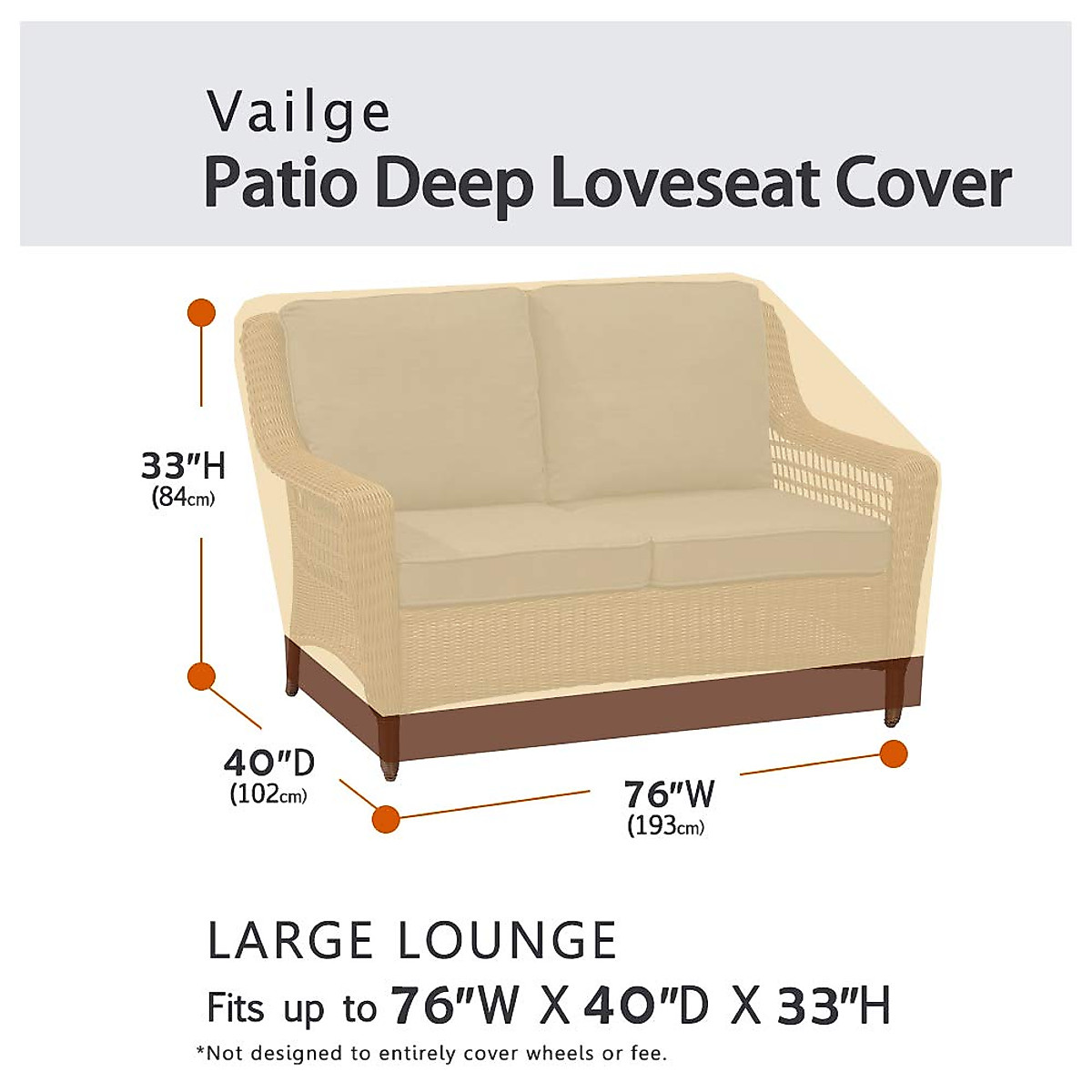 Vailge 2-Seater Heavy Duty Patio Deep Bench Loveseat Cover,100% Waterproof Outdoor Deep Sofa Cover, Lawn Patio Furniture Covers with Air Vent, Medium (Deep), Beige & Brown
