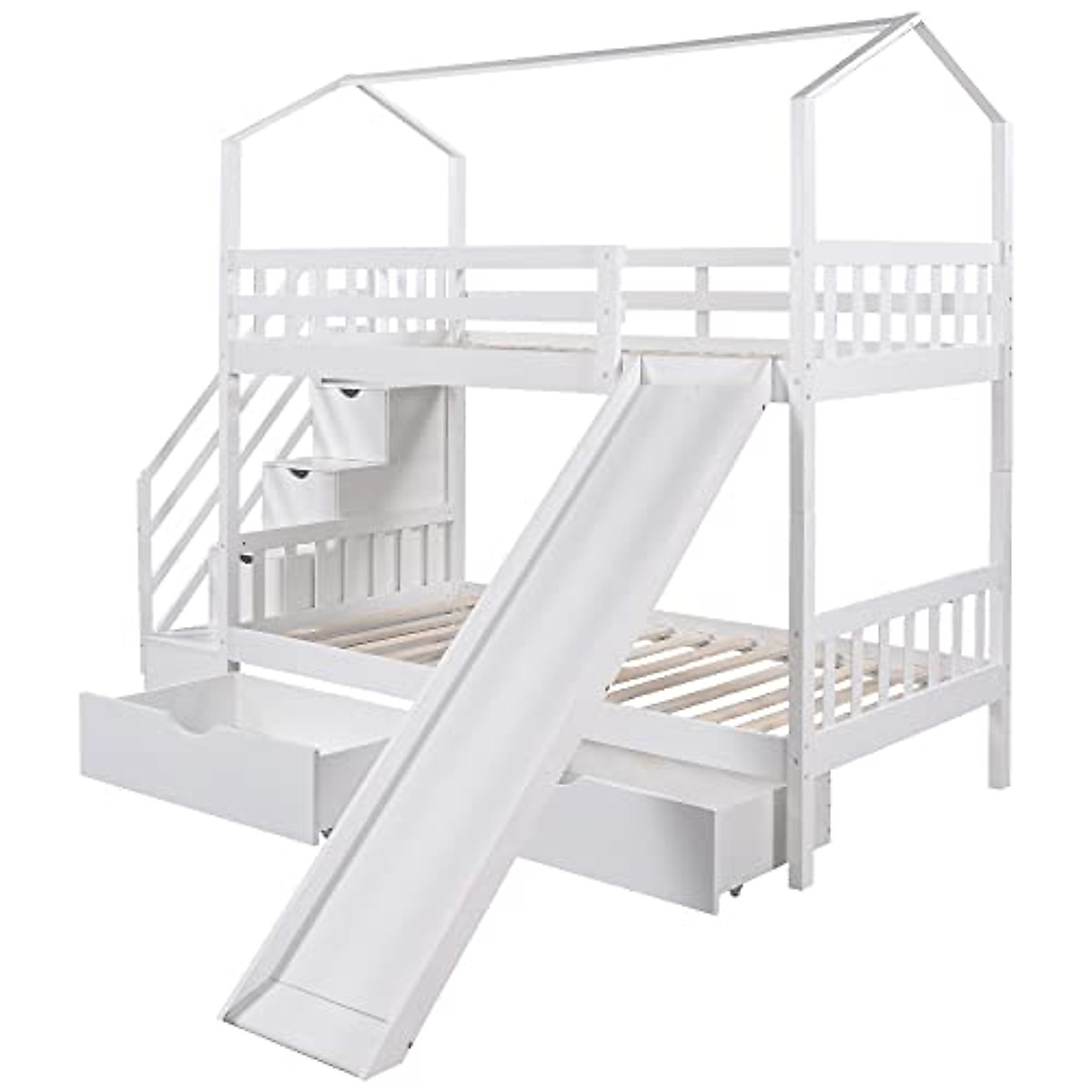 ERDAYE Soild Wood Twin Over Twin House Bunk Bed Frame with Two Drawers, Slide and Storage Staircase,White