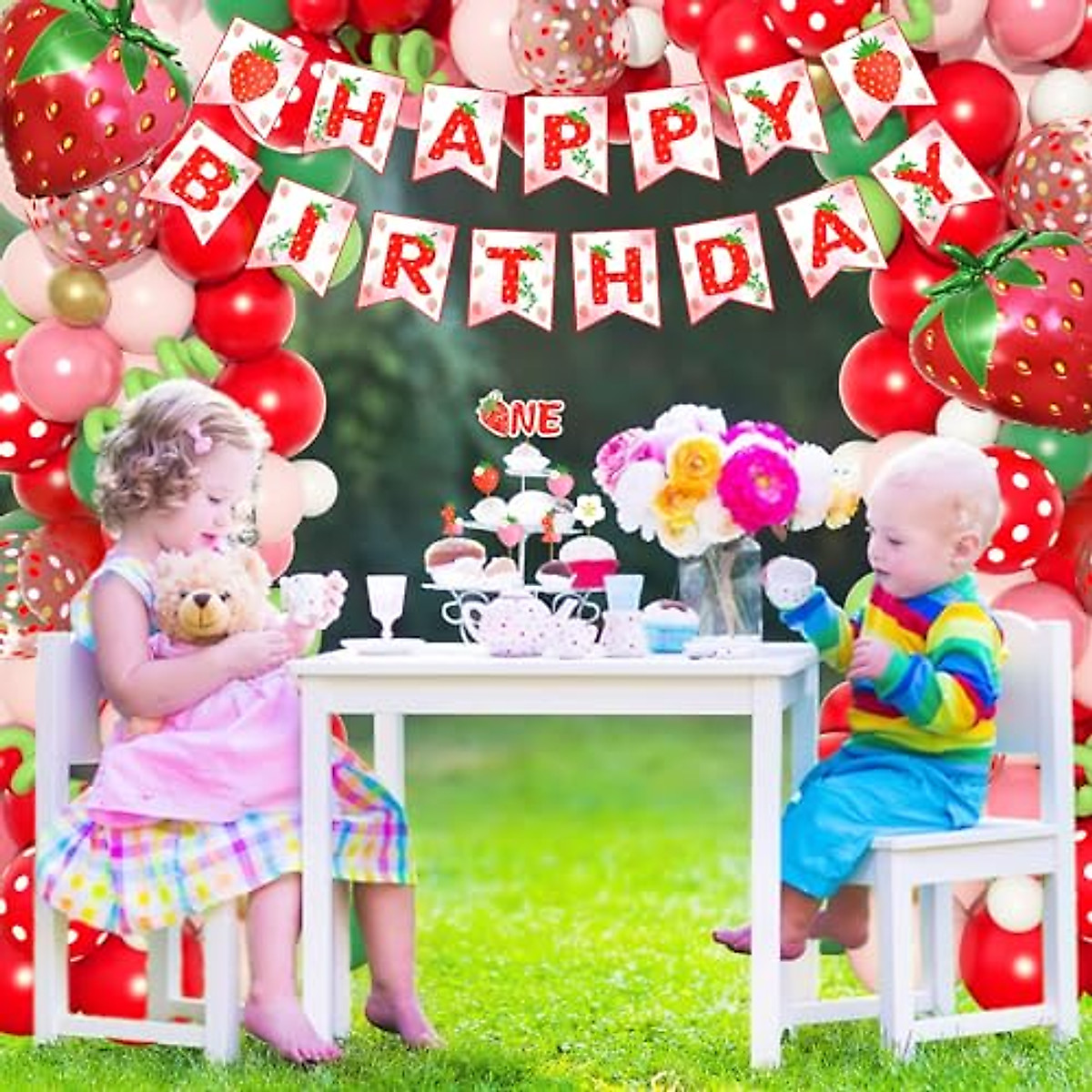 Amandir Strawberry 1st Birthday Party Decorations One Boxes, 120PCS Strawberry Balloons Garland Arch Banner Cake Topper Foil Number 1 for Berry First Sweet One Girl Birthday Baby Shower Fruit Supplies