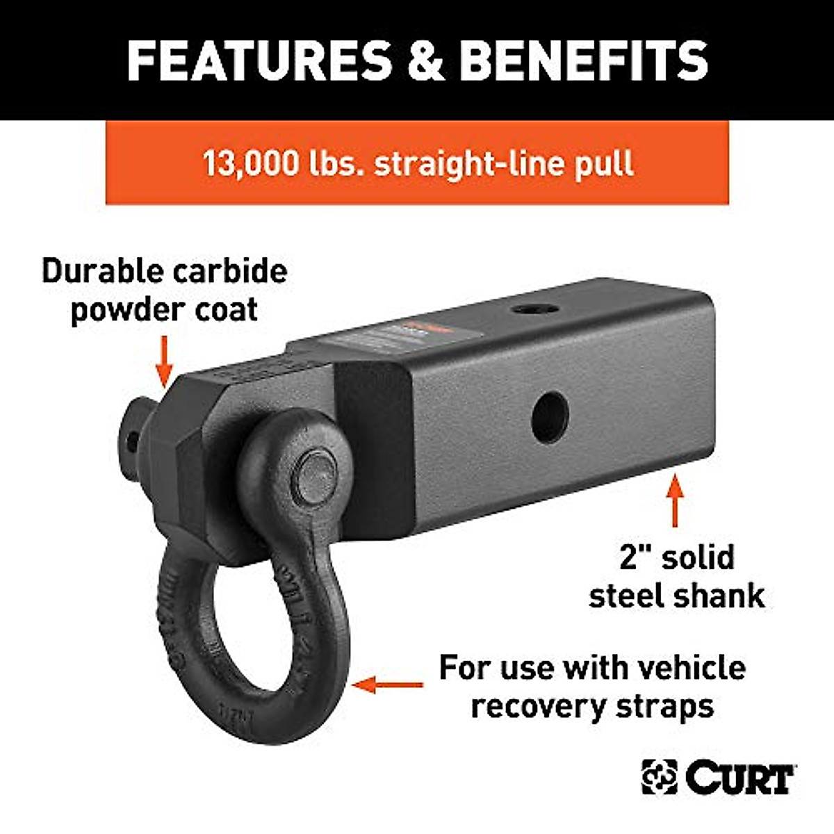 CURT 45831 D-Ring Shackle Mount Trailer Hitch, Fits 2-1/2-Inch Receiver, 13,000 lbs, CARBIDE BLACK POWDER COAT