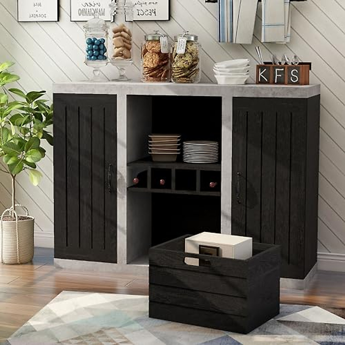 HOMES: Inside + Out FGI-1777C1 Cato Industrial Two-Tone Buffet with Open Shelf, Wine Bottle Holder, Slatted Drawer and Cabinets, Black and Cement