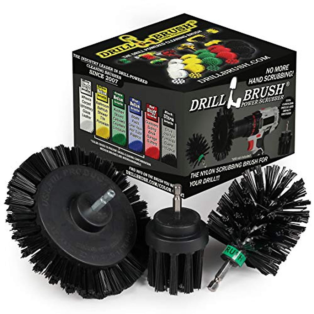 Drill Brush Power Scrubber by Useful Products - Grill Cleaning Brush Drill Attachment 3 Piece Set - Drill Brush Cleaning Tool - Baked on Food Remover Brush - Black Bristle Brush Attachment