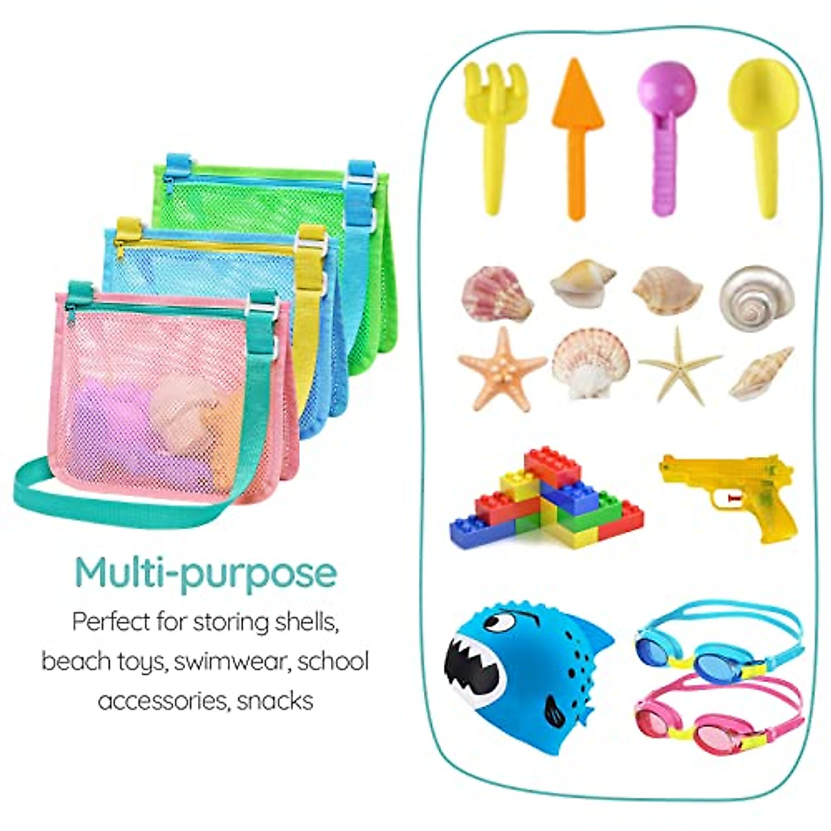 F-color Beach Toy Kids Beach Bag Shell Collecting Bag, Mesh Beach Bag Seashell Bag Net Bag for Sea Sand Pool Swim Beach Shell Accessories Beach Gifts for Kids Girls Boys, 3 Packs (Green, Blue, Pink)